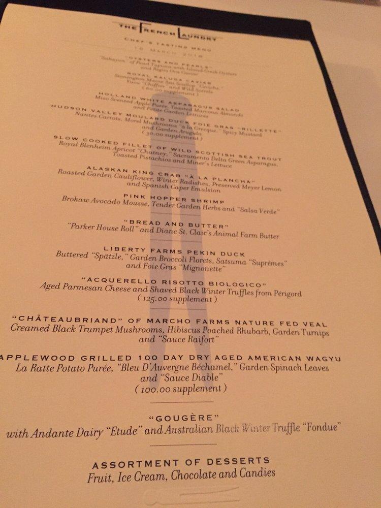 Menu at The French Laundry restaurant, Yountville