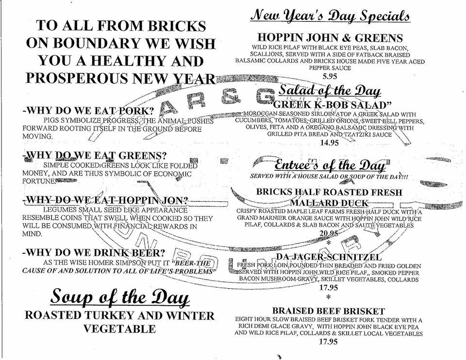 Menu at Bricks On Boundary pub & bar, Beaufort