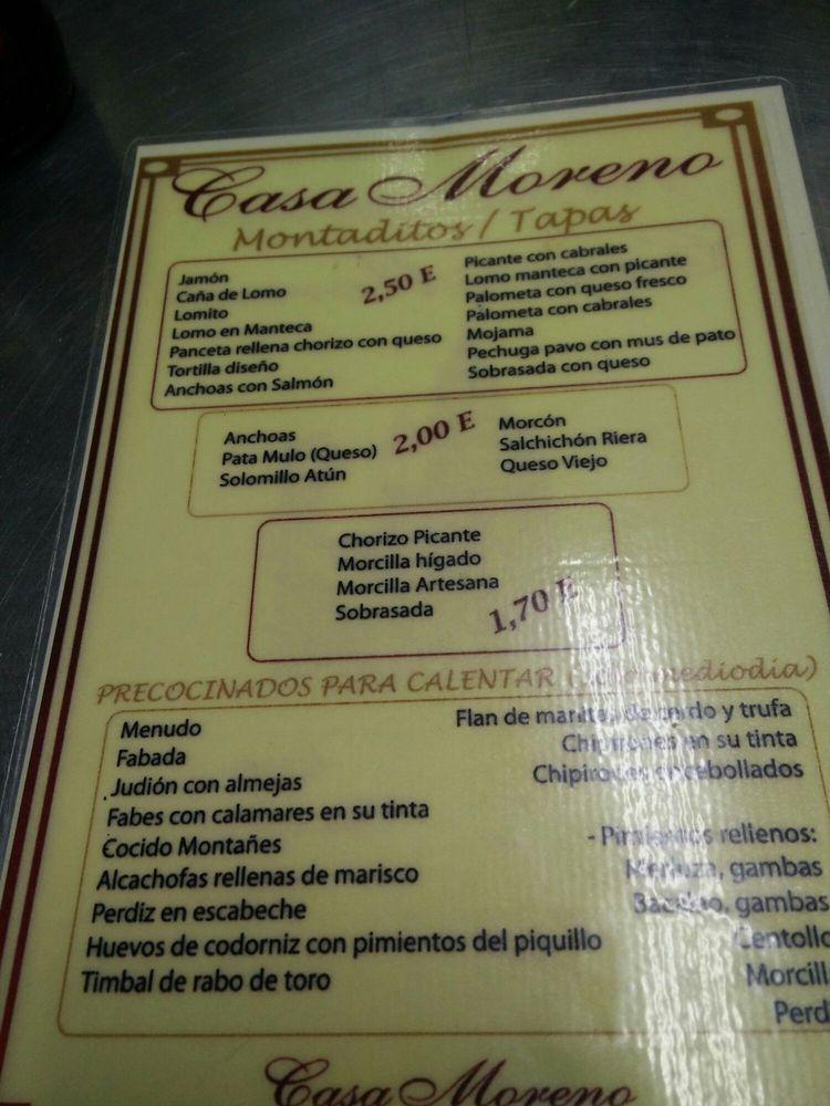 Menu at Casa Moreno pub & bar, Seville, C. Gamazo