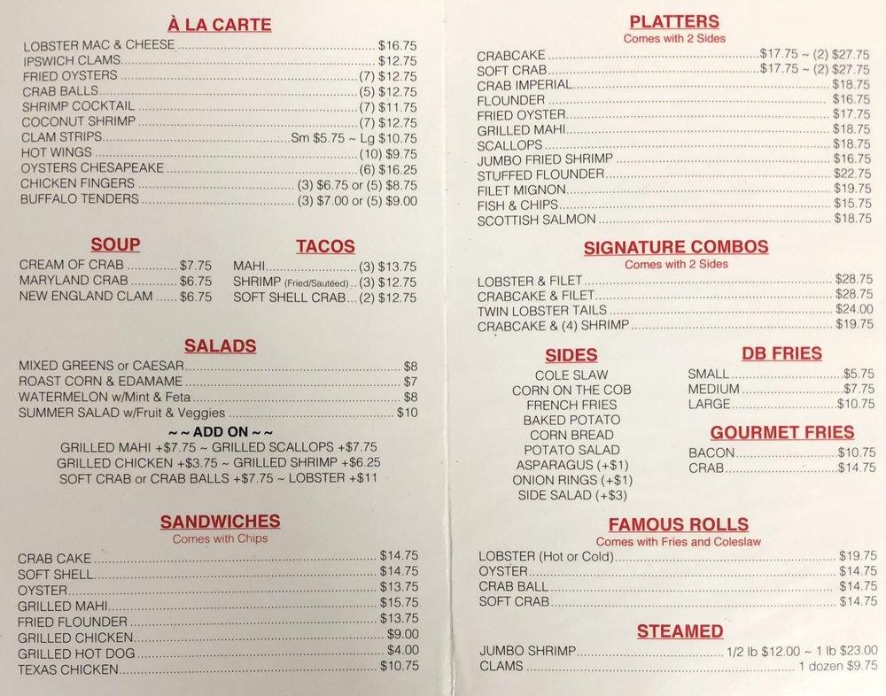 Menu at DB's Seafood Co restaurant, Bethany Beach
