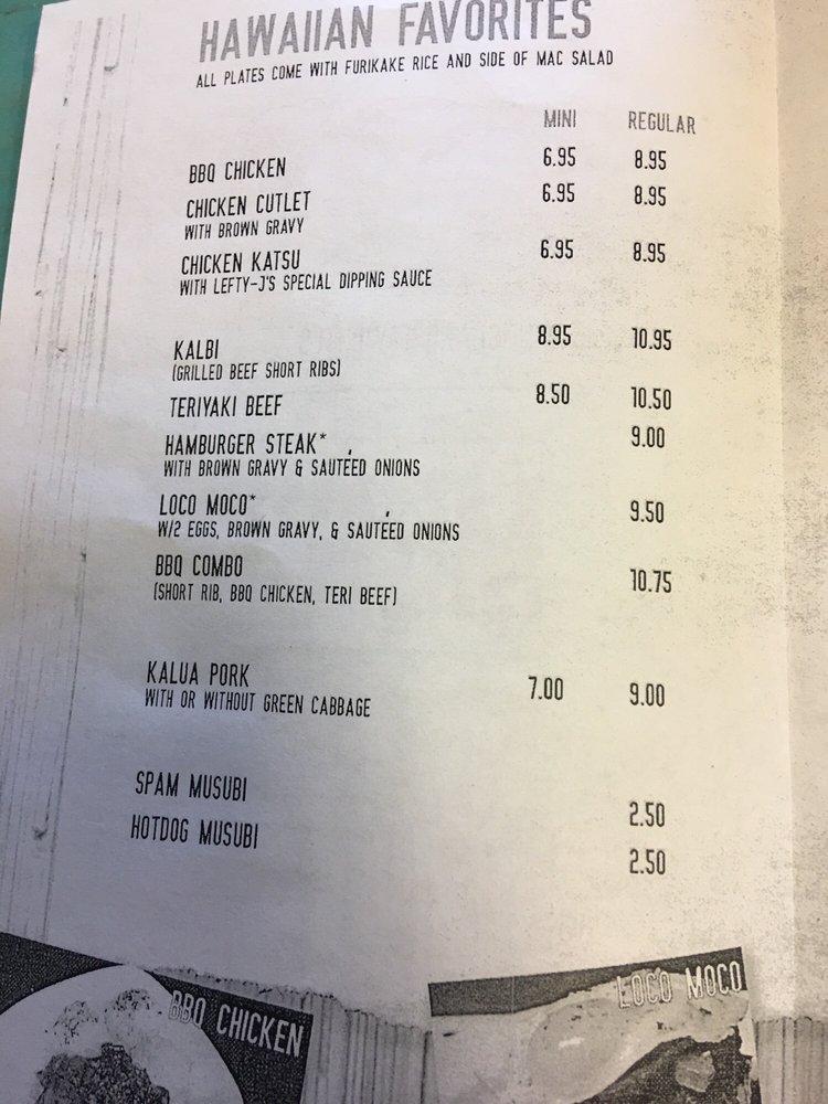 Menu at Lefty-J's Island Favorites restaurant, Las Vegas
