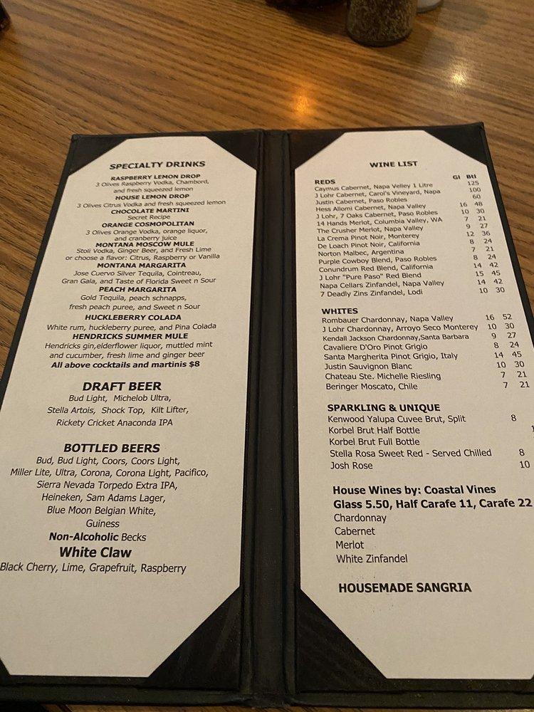Menu at Montana's steakhouse, Lake Havasu City