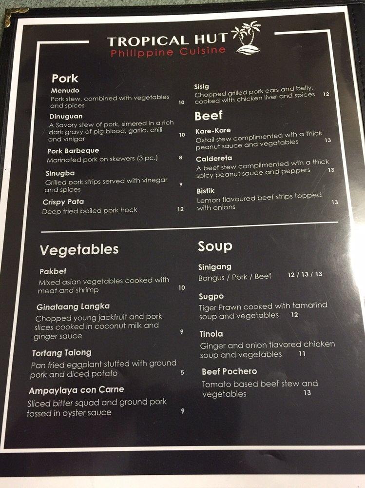 Menu au Tropical Hut Philippine Cuisine restaurant, Windsor