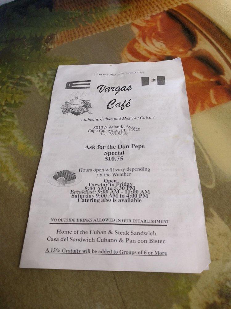 Menu at Vargas Cafe, Cape Canaveral