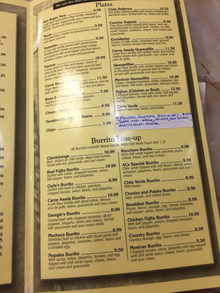 Menu at Al's Café restaurant, Fresno
