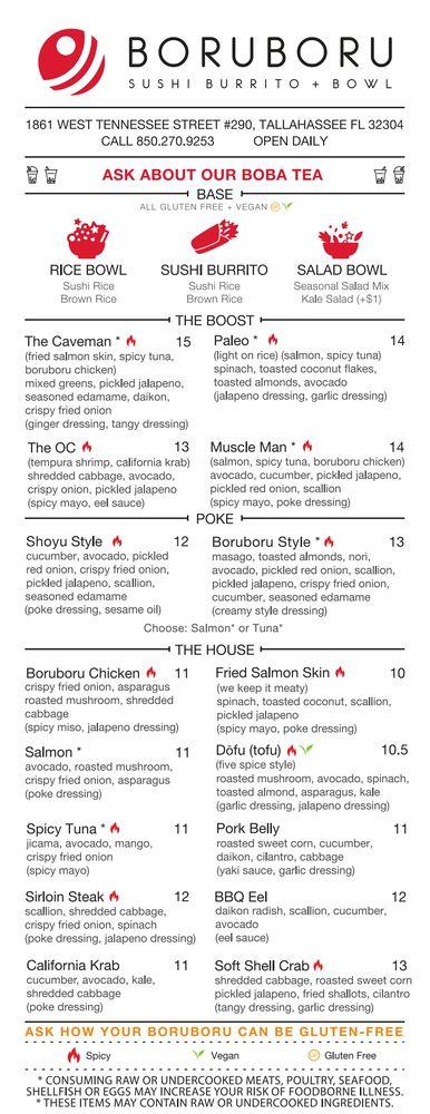Menu at Boru Boru - Sushi Burrito + Ramen + Bowl restaurant, Tallahassee