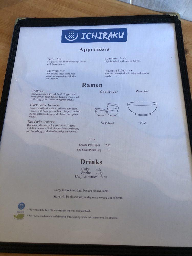 Menu at Ichiraku Ramen restaurant, San Francisco, Geary Blvd