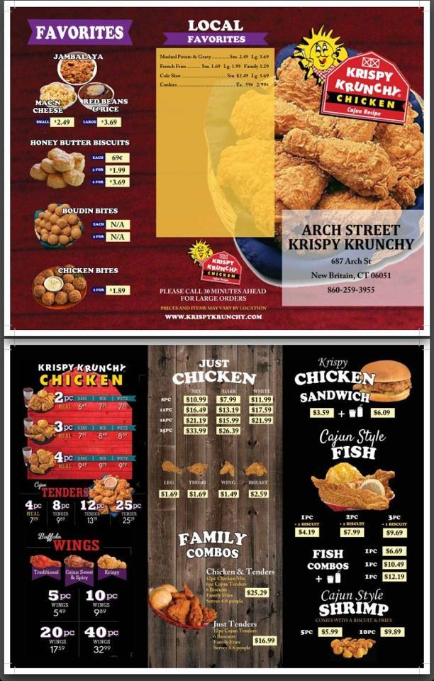 Menu at Krispy Krunchy Chicken restaurant, New Britain, 687 Arch St
