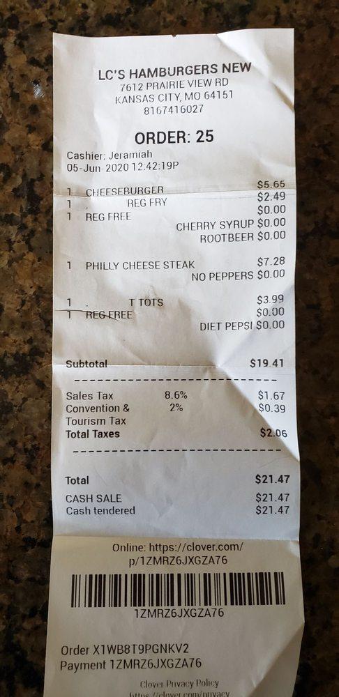 Menu at LC's Hamburgers restaurant, Kansas City, NW Prairie View Rd