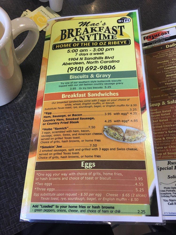 Menu at Mac's Breakfast Anytime restaurant, Aberdeen, N Sandhills Blvd