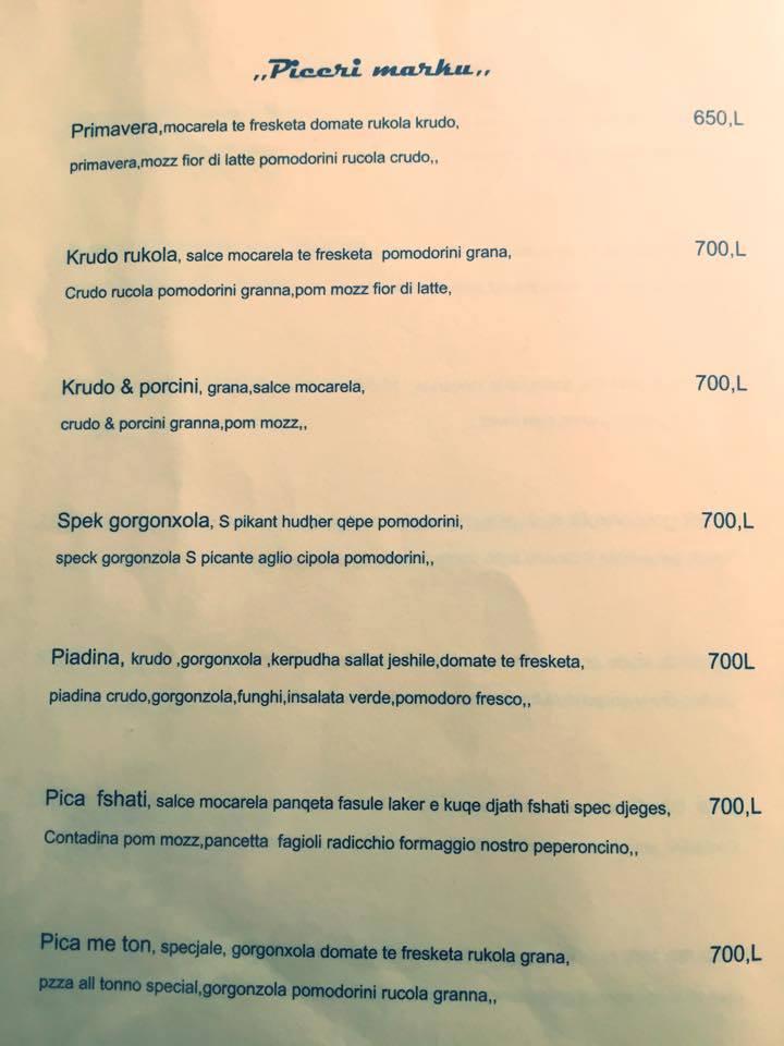 Menu at Piceri Marku Italiane restaurant, Lezhë District