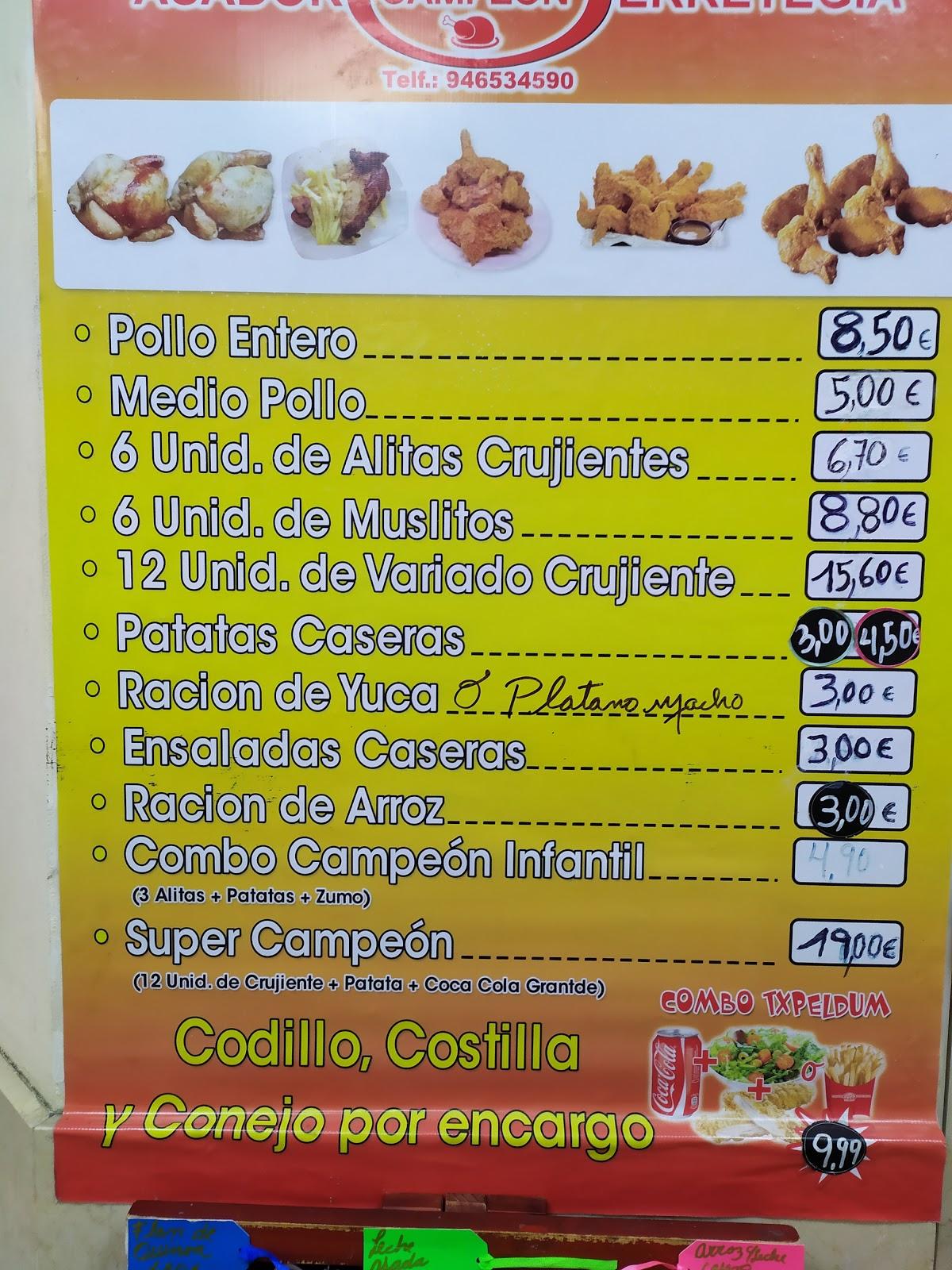 Carta del restaurante Pollo Campeón Algorta, Guecho