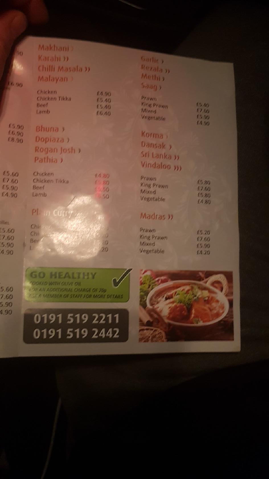 Menu at Taj Balti Hut fast food, Boldon Colliery