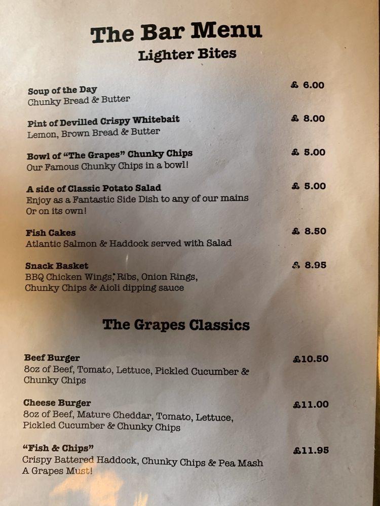 Menu at The Grapes pub & bar, London, 76 Narrow St