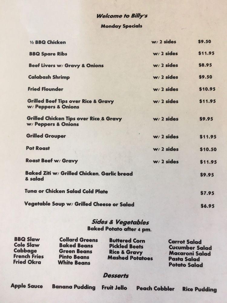 Menu at Billy's Family Restaurant, Mount Holly