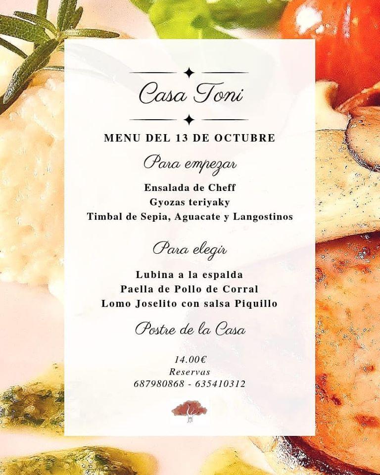 Carta del restaurante Casa Toni, Paterna, Conde Montornes