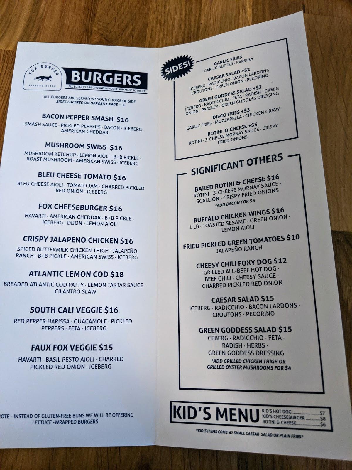 Carta del restaurante Fox Burger, Edmonton