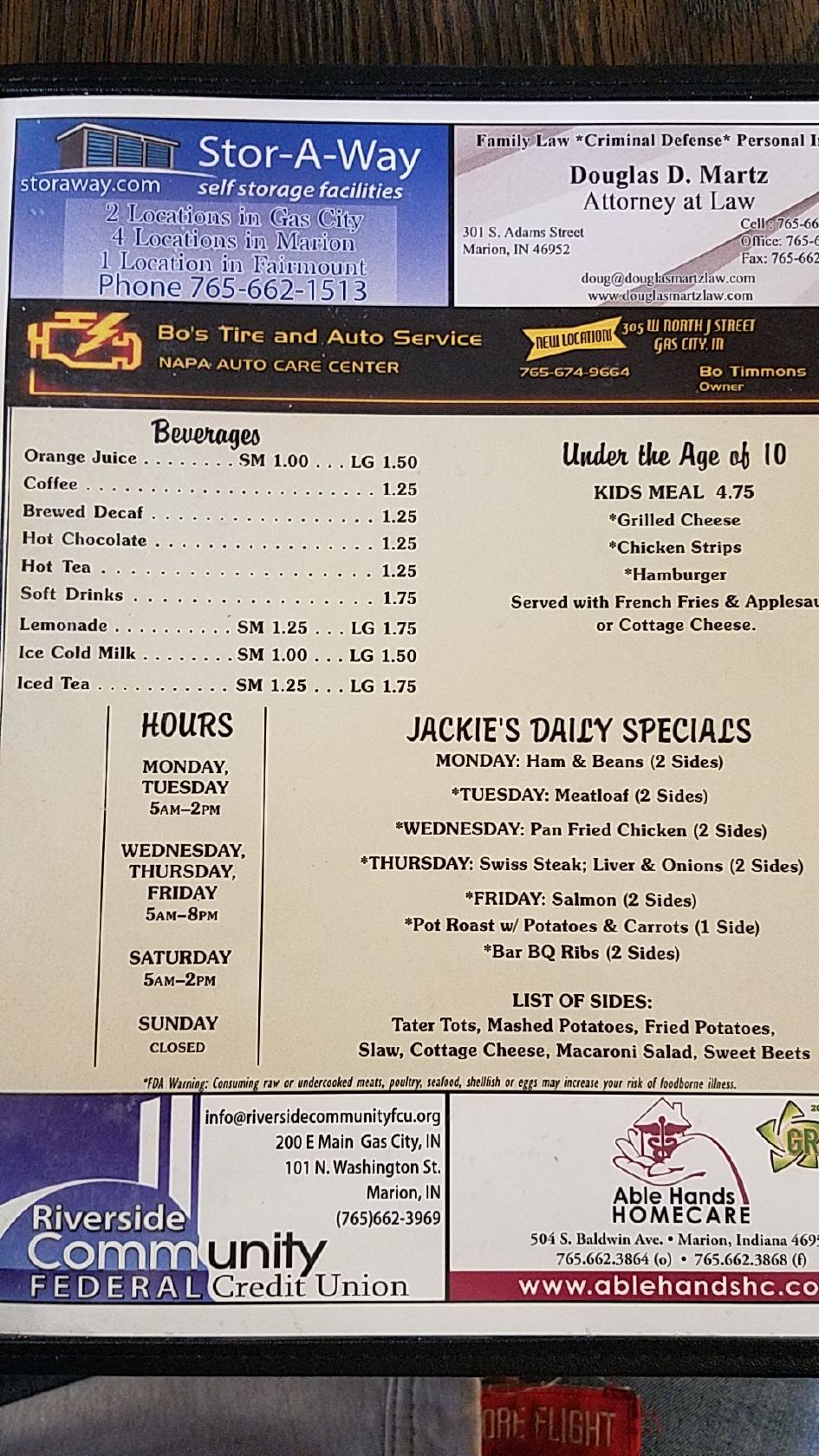 Menu at Jackie's Family Restaurant, Gas City