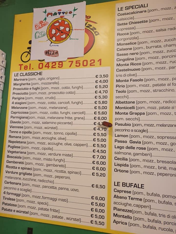 Menu at Matteo Pizza pizzeria, Monselice, Via Costa Calcinara 23