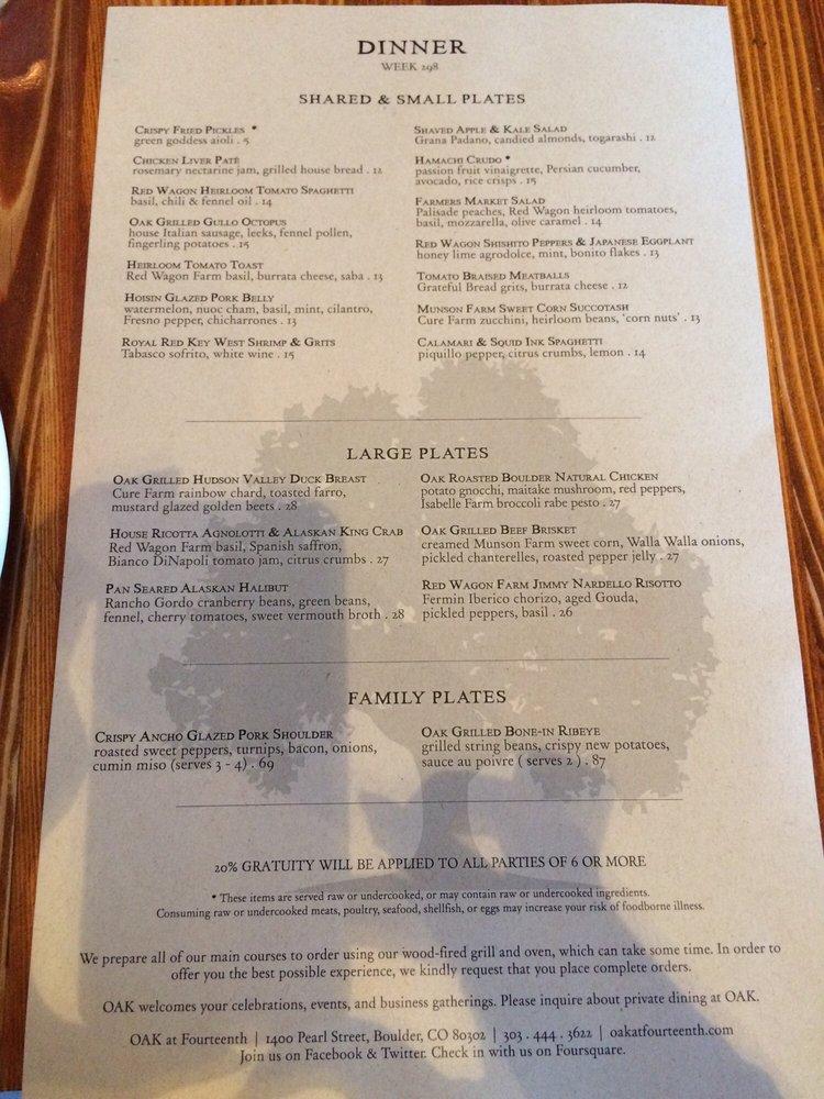 Menu at Oak restaurant, Boulder