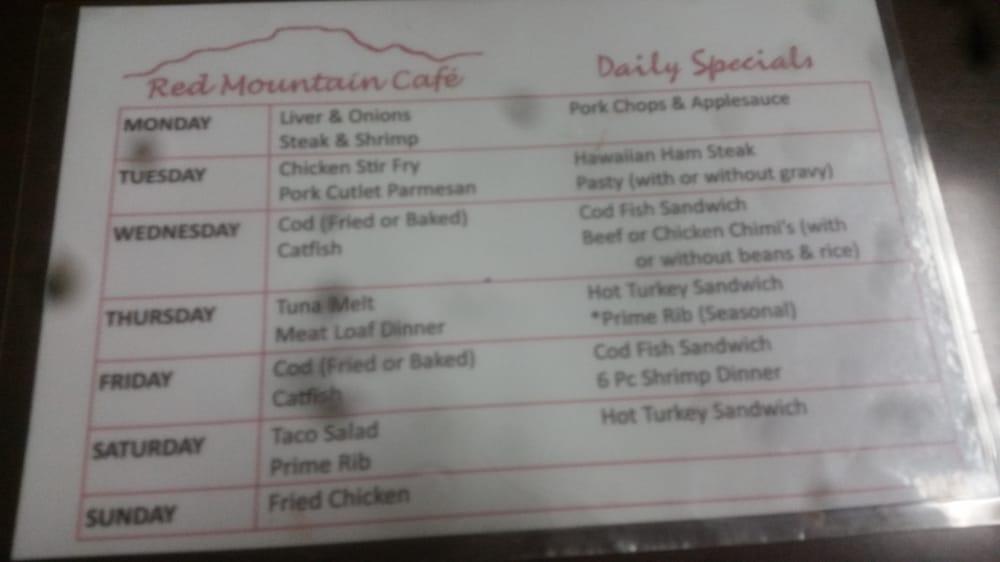 Menu at Red Mountain Cafe, Mesa