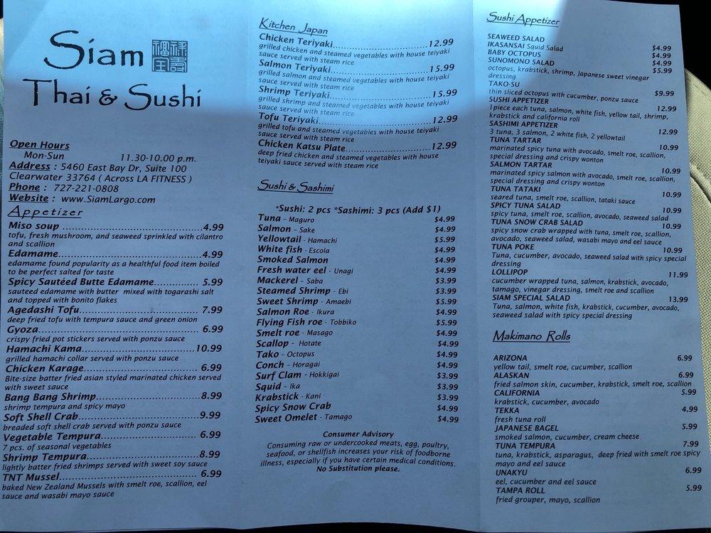 Menu at Siam Thai & Sushi restaurant, Clearwater
