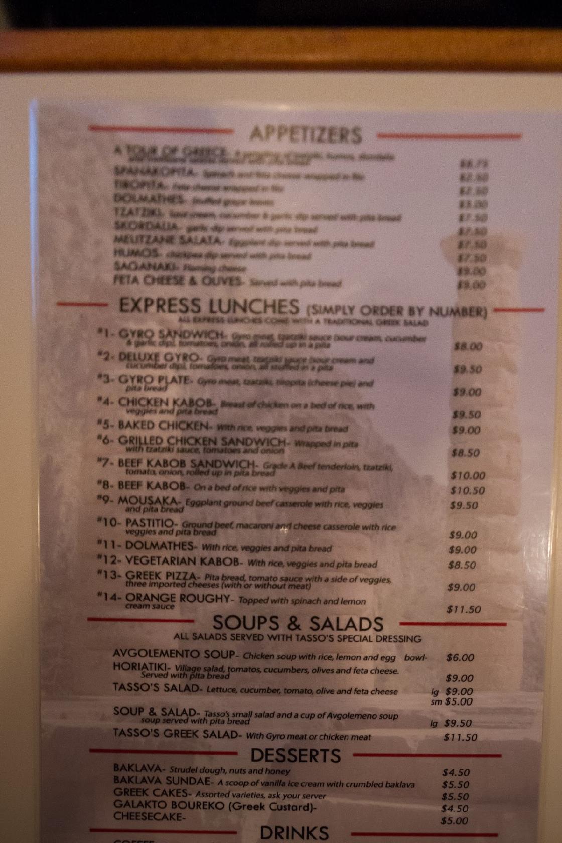 Menu at Tasso's Greek Restaurant, Kansas City