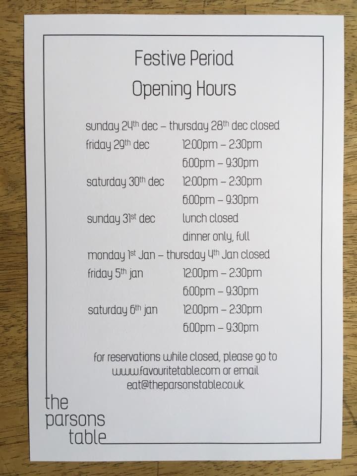 Menu at The Parsons Table restaurant, Arundel
