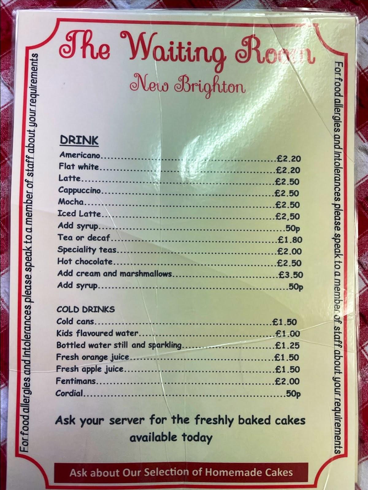 Menu at The Waiting Room Cafe, Wallasey