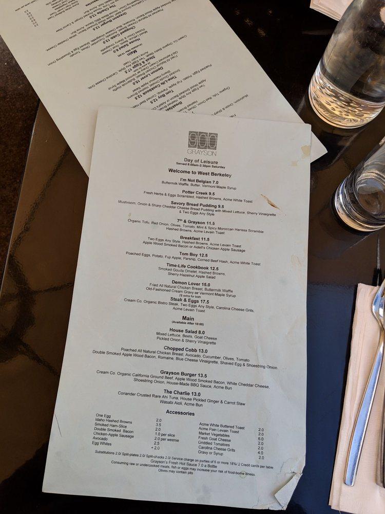Menu at 900 Grayson restaurant, Berkeley
