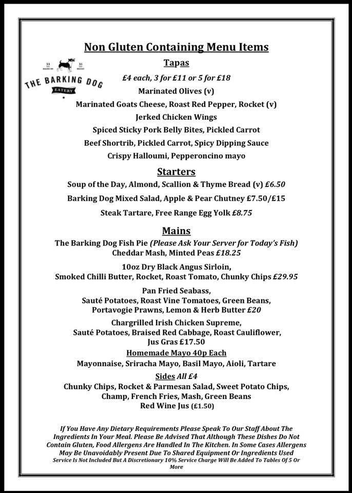 Menu at The Barking Dog, Belfast