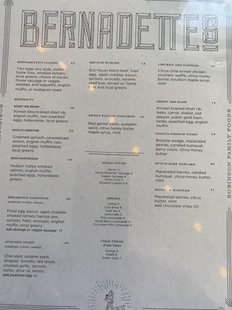 Menu at Bernadette’s restaurant, New York City
