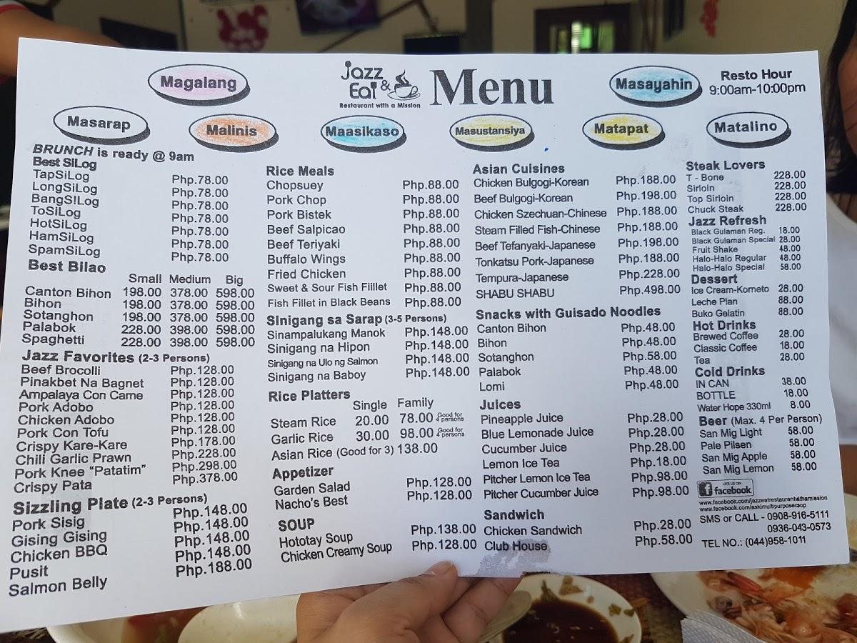 Menu at Jazz Eat Restaurant With A Mission, Talavera, HWWC+F33