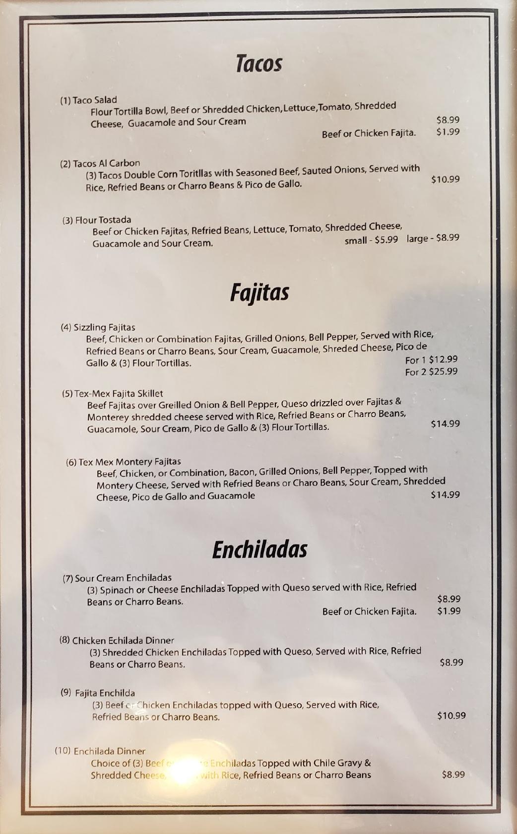 Menu at Lake Area Tex-Mex restaurant, Onalaska