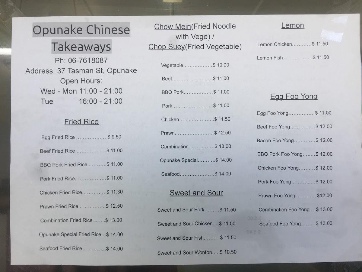 Menu at Opunake Chinese Takeaways restaurant, Opunake