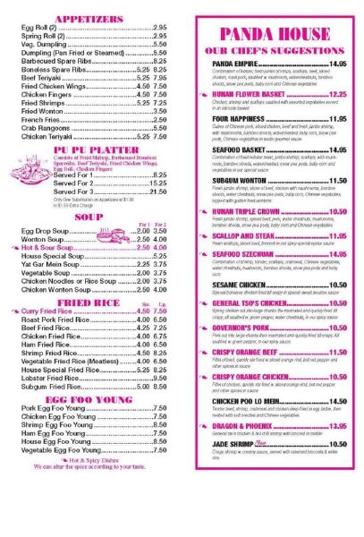 Menu at Panda House restaurant, Westfield