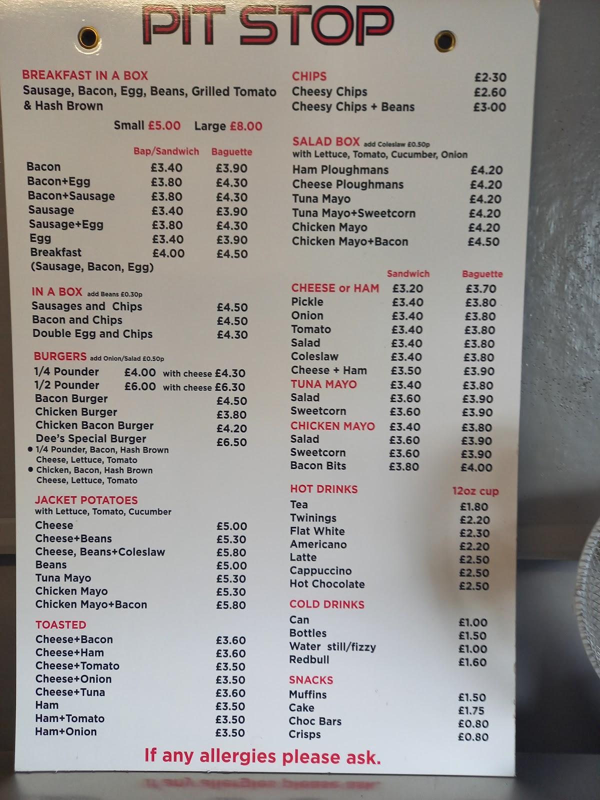 Menu at Pit Stop, Maidenhead