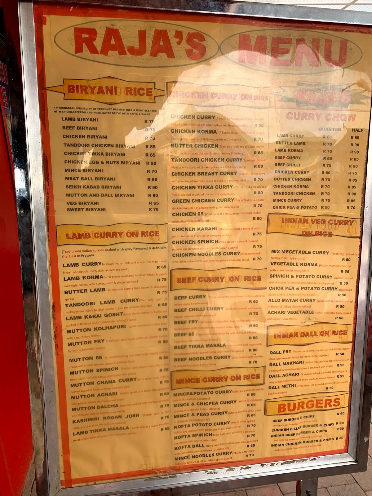 Menu at Raja’s - Indian Restaurant and Takeaway, Pretoria