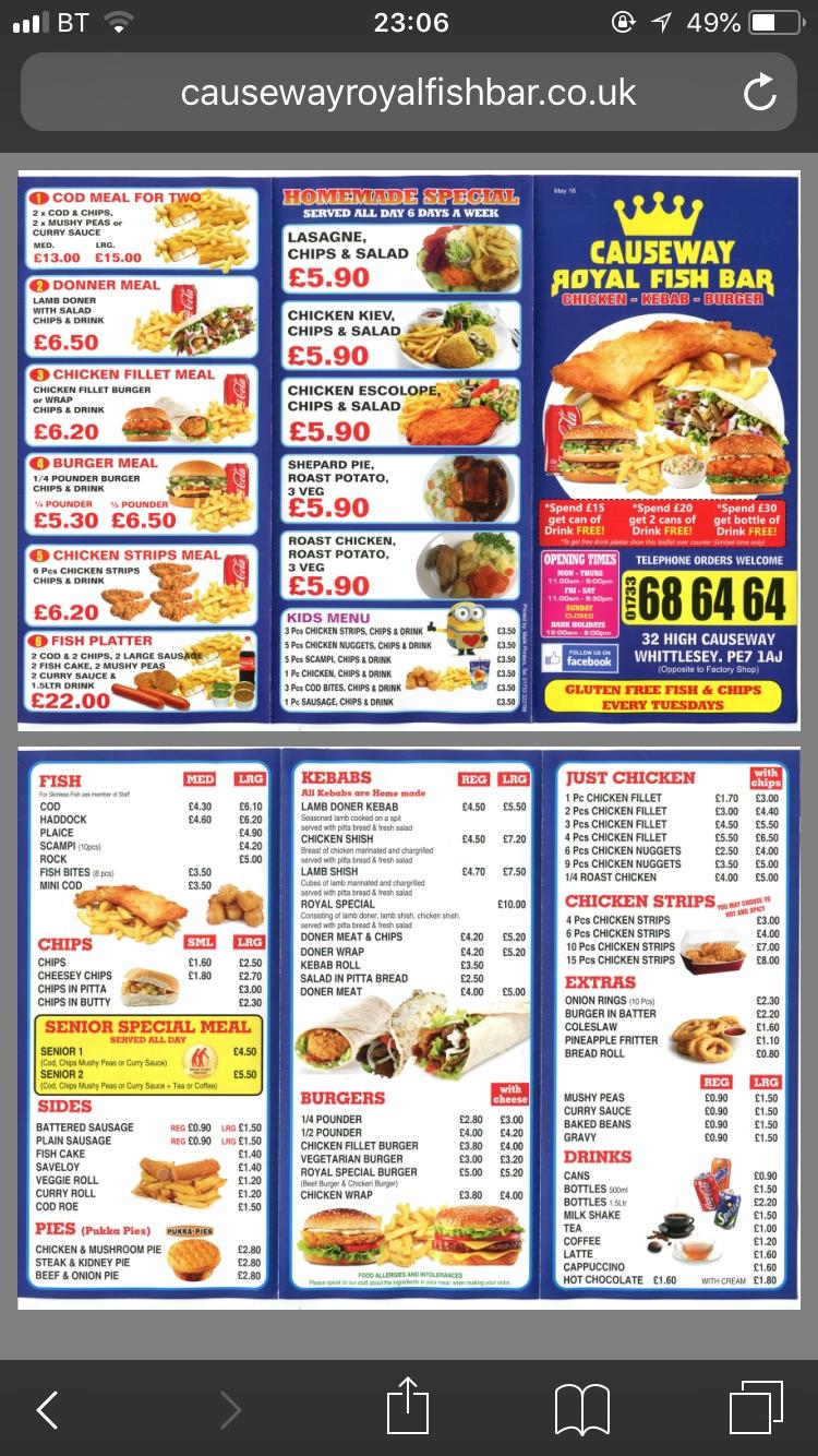 Menu at Causeway Royal Fish Bar, Whittlesey