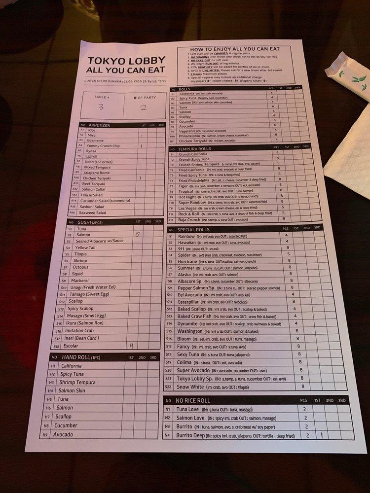 Menu at Tokyo Lobby Restaurant, Hacienda Heights