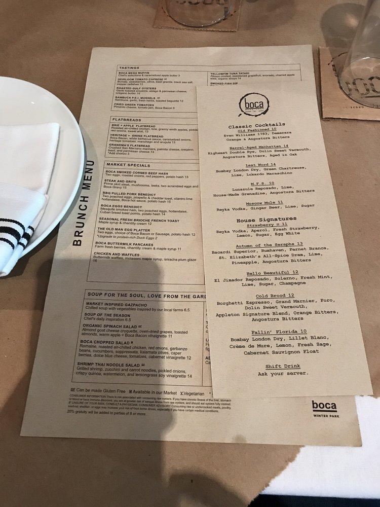 Menu at Boca pub & bar, Winter Park
