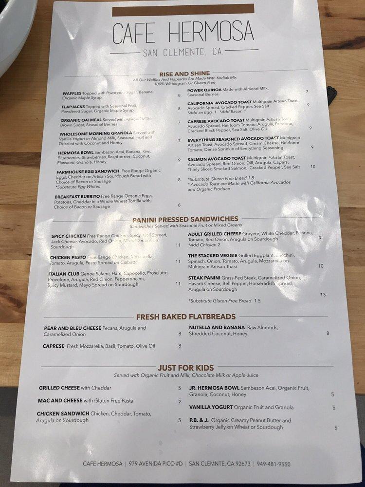 Menu at Cafe Hermosa, San Clemente, 979 Avenida Pico