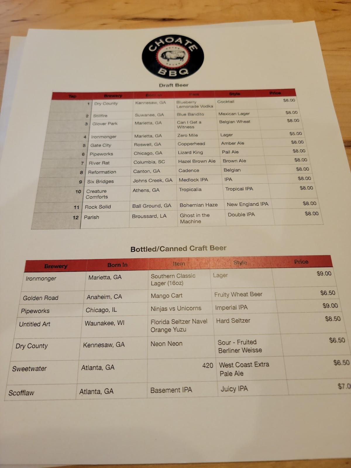 Menu at Choate BBQ, Ball Ground