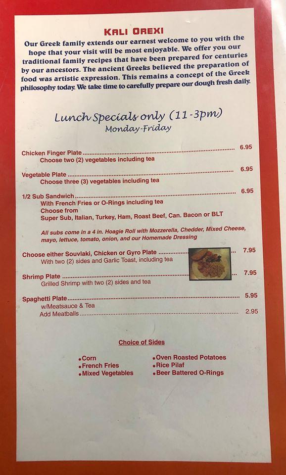 Menu at Demeter's restaurant, Woodruff