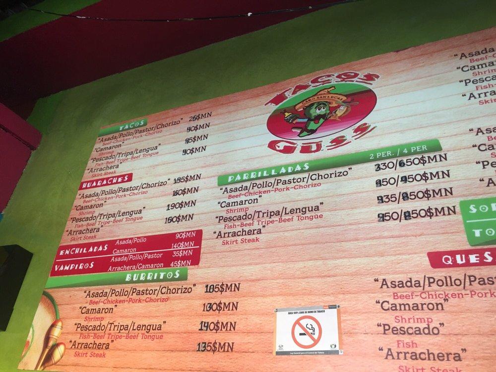 Menu at Guss Tacos restaurant, Cabo San Lucas, Blvd Lazaro Cardenas ...