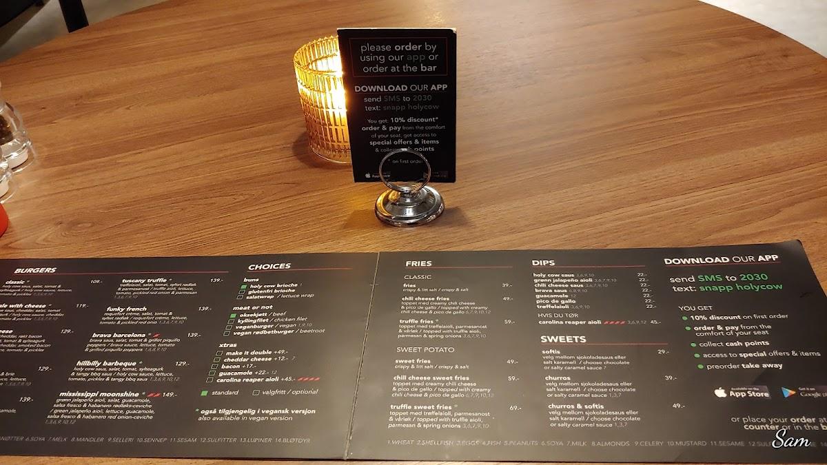 Menu at Holy Cow restaurant, Bergen