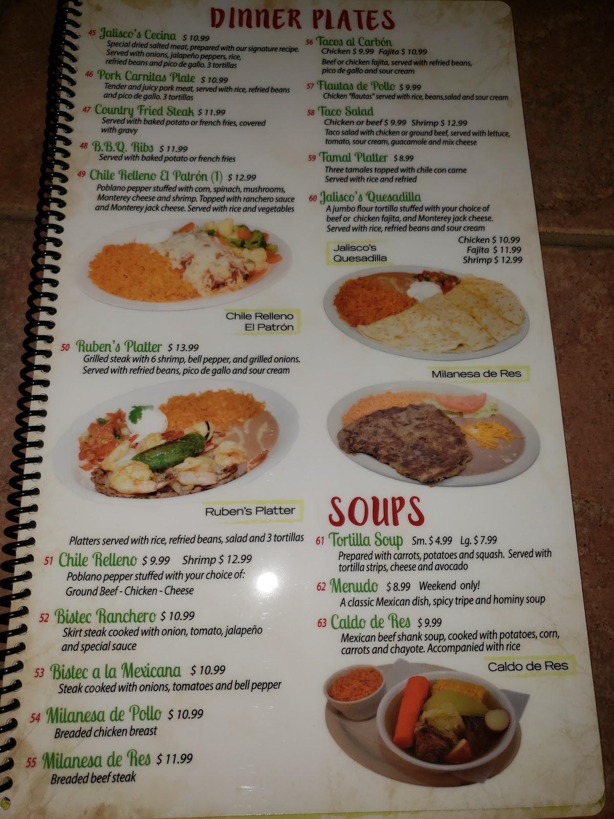 Menu at Jalisco's Mexican Grill Restaurant, Mabank