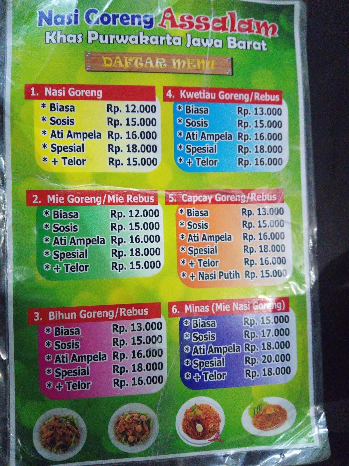 Menu at Nasi Goreng Assalaam restaurant, Pekanbaru