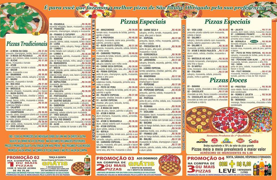 Menu at Pizzaria Buon Gusto, São Paulo, Av. São Miguel