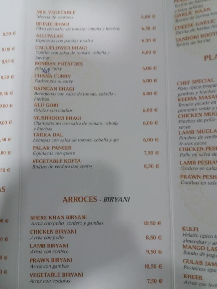 Menu at Restaurante Shere Khan, Moncada